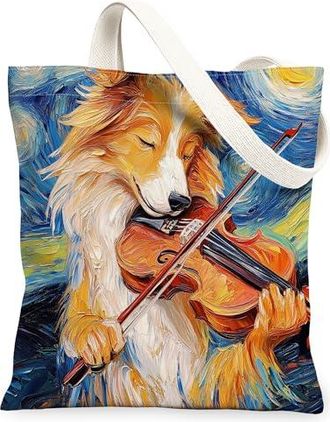 Generic Rough Collie Sac fourre-tout en toile r&eacute;utilisable pour faire du shopping 33 x 38,1 cm, motif violon nocturne &eacute;toil&eacute;, sac d&eacute;picerie pour femme, animal