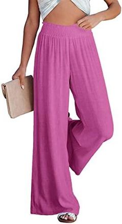 Onsoyours Pantalon Femme Lin Taille Haute Léger Elastique Pantalon Large Femme Chic Et Elegant Pantalon Fluide Décontractée Couleur Unie Pants B Fuchsia XXL