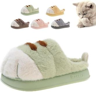 Generic Pantoufles dhiver amusantes en peluche 3D en forme de patte de chat avec semelle en caoutchouc antidérapante pour lintérieur et lextérieur, Vert b, 38
