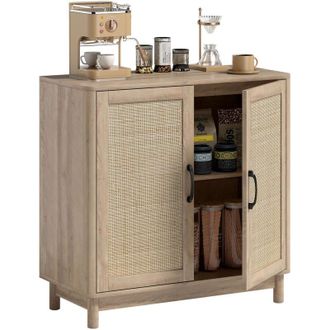HOMCOM Buffet - HOMCOM - 2 portes en rotin, &eacute;tag&egrave;re r&eacute;glable et bords arrondis - panneau de particules - 76 x 35 x 75,5 cm - ch&ecirc;ne