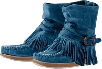 Generic Bottines de cowboy plates &agrave; franges pour femme - Bottines de cowgirl courtes &agrave; franges - Bottines dautomne et dhiver - Chaussures plates &agrave; rivets en d