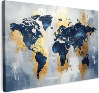 MuchoWow © Leinwand Groß 120x80 cm XXL Deko Schlafzimmer Aesthetic Leinwandbilder Wohnzimmer Gemälde Foto Geschenk Living Room Decoration Weltkarte - Blau - Ab