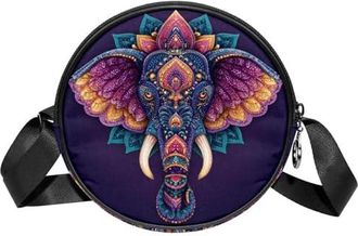 Generic Petit sac &agrave; bandouli&egrave;re rond pour femme, motif mandala &eacute;l&eacute;phant, avec fermeture &eacute;clair, bretelles r&eacute;glables, style d&eacute;contract&eacute;, pour femmes et filles