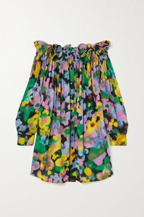 AZ FACTORY + Lutz Huelle Theodora Schulterfreies Minikleid Aus Cr&ecirc;pe De Chine Mit R&uuml;schen Und Blumenprint - Schwarz