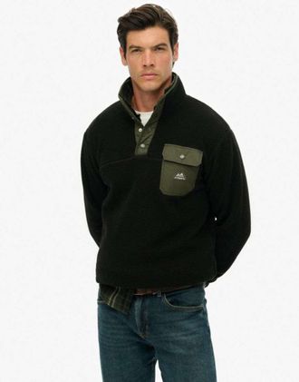 Superdry Fuji - Pullover aus Fleece in Schwarz mit halblanger Druckknopfleiste