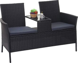 Mendler Poly-Rattan Sitzbank mit Tisch HWC-E24, Gartenbank Sitzgruppe Gartensofa, 132cm - schwarz, Kissen dunkelgrau