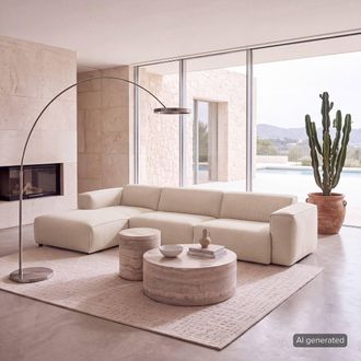 Studio Copenhagen home24 Ecksofa 3-Sitzer mit Longchair Beige Webstoff Saia 317cm Longchair davorstehend links Modern