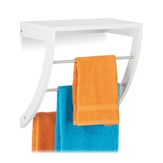 Relaxdays Wandhandtuchhalter Bad, 3 Handtuchstangen aus Edelstahl, Wandmontage, mit Ablage, HxBxT: 40 x 38 x 25 cm, weiß, Technisches Holz, 1 Stück