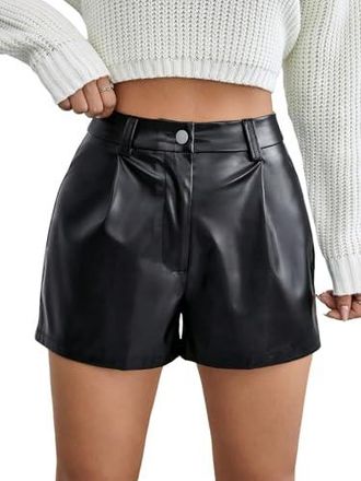 SOLY HUX Short en PU Cuir pour Femme - Short en Faux Cuir avec Fermeture &Eacute;clair - Look Cuir - Taille Haute - Minishort - Tenue de Festival, Noir, M