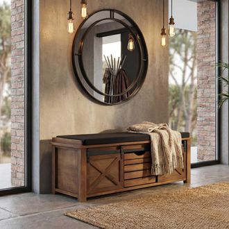 Mendler Sitzbank mit Stauf&auml;chern HWC-H53AM, Polsterbank Sitz-Kommode, Shabby-Look Massiv-Holz Metall Stoff 43x102x33cm - braun