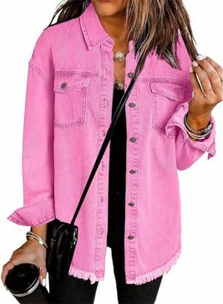 Generic Veste d&eacute;contract&eacute;e en jean boutonn&eacute;e pour femme, manches longues, ourlet effiloch&eacute;, veste en jean avec poches, rose rouge, XXL
