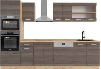 Vicco Küchenzeile R-Line, Edelgrau/Goldkraft Eiche, 300 cm mit Hochschrank, ohne Arbeitsplatte