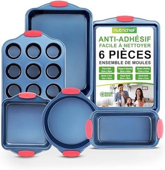 Nutrichef NutriChef Moules à Pâtisserie, Lot de 6 Pièces avec Poignées en Silicone Résistantes à la Chaleur, Plaques de Cuisson Antiadhésifs en Acier au Carbone
