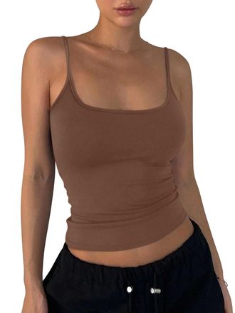 Onsoyours Spaghetti Top Damen Sommer Tank Top &Auml;rmellose Oberteile Sexy Slim Fit Cami Crop Top Einfarbig Basic Shirts A Kaffee XL