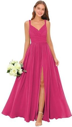 Generic Robe de demoiselle dhonneur en mousseline de soie avec col en V et bretelles spaghetti, longue robe de soirée froncée avec fente, fuchsia, 54 Grande t