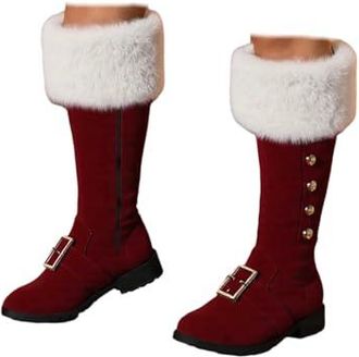 Generic Bottes de P&egrave;re No&euml;l pour femme - Bottes mi-mollet avec peluche blanche et fermeture &eacute;clair lat&eacute;rale - Bottes de No&euml;l pour Halloween, No&euml;l, cosplay, bo