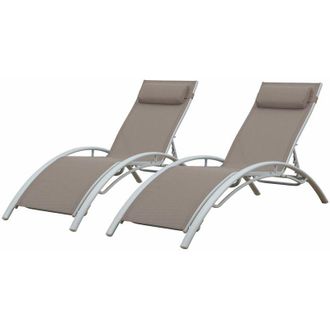 Happy Garden Lot de 2 transats GALAPAGOS en textil&egrave;ne taupe - aluminium blanc