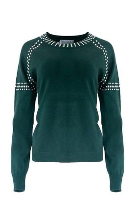 Passioni Strickpullover Passioni gr&uuml;ner Strickpullover mit hochwertigen Nieten Details Rundhalsausschnitt, Langarm