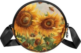 Generic Sac &agrave; bandouli&egrave;re rond pour femme, motif tournesol, abeilles, petit sac &agrave; bandouli&egrave;re avec fermeture &eacute;clair, bretelles r&eacute;glables, sac &agrave; main rond d&eacute;co