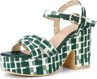Allegra K Sandales &agrave; talons compens&eacute;s en tissu &agrave; carreaux pour femme, Vert, 40.5 EU