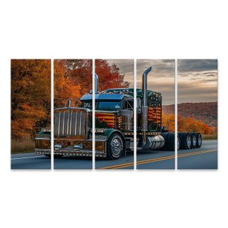 Islandburner Prime Bild auf Leinwand Gl&auml;nzender LKW auf Herbststra&szlig;e mit buntem Laub Bilder Wandbilder Poster