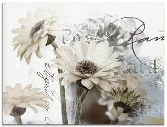 Artland ARTland Wanddeko Glasbilder Wandbild Glas Bild einteilig 80x60 cm Querformat Blumen Bl&uuml;ten Gerberas Schriftzug Shabby Chic T4RU