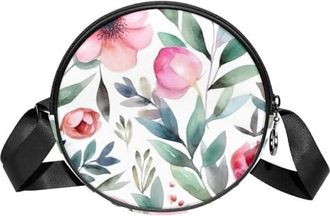 Generic Petit sac &agrave; bandouli&egrave;re circulaire pour femme, motif feuilles florales, sac &agrave; dos avec fermeture &eacute;clair, bretelles r&eacute;glables, sac &agrave; main rond d&eacute;contra