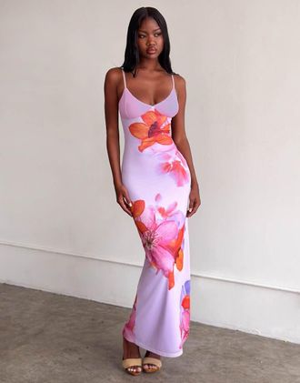 Tiger Mist Alaina - Anschmiegsames Camisole-Maxikleid aus Netzstoff in Flieder mit Blumenmuster-Mehrfarbig