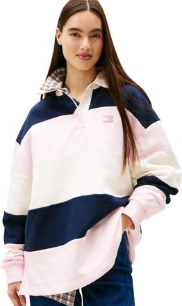 Tommy Jeans Damen Rugby-Pullover mit gesticktem Flaggen-Logo, mittelschwer, lang&auml;rmelig, gestreift, Hellrosa/Streifen, XL