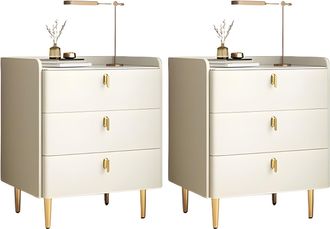 Generic 2-teiliger Moderner Nachttisch Aus Holz Mit 3 Schubladen, Schieferplatte, Dunkelgrau, Goldene Beine(White/Gold Legs - 2 Piece Set,16 L x 16 W x 24 H)
