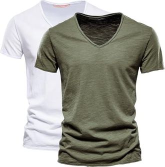 Generic Lot de 2 t-shirts unis pour homme, col en V, respirant, manches courtes, coupe droite, coupe droite, en coton, pour les loisirs, f, XXL