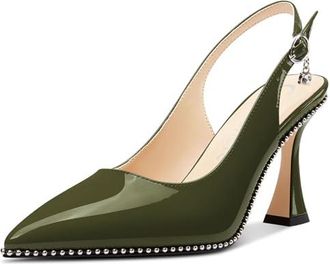 Castamere Femmes Slingback Kitten Talon Heel Ferm&eacute; Pointu Bout Escarpins Bloc Chunky Mariage Party Dress Chaussures 9 CM Heels Vert Olive 41 EU