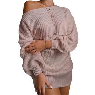 Generic Robe pull &agrave; manches longues et &eacute;paules d&eacute;nud&eacute;es pour femme, robe d&eacute;contract&eacute;e &agrave; manches longues en tricot &eacute;pais pour lautomne et lhiver, bl&eacute;, 3XL