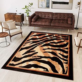 Tapiso Atlas Tapis Poils Ras Moderne Noir Marron Motif Animalier Tapis Tigre Bordure Tapis Salon Chambre Adulte Salle &agrave; Manger Bureau Oeko-TEX R&eacute;sistant 140 