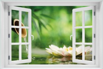 Wallario Poster - Seerosen und Bambus auf dem Wasser in Premiumqualität, Größe: 61 x 91,5 cm mit Fenster-Illusion (Maxiposter)
