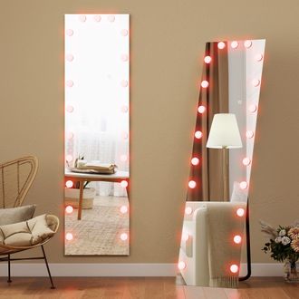 HOMCOM Ganzk&ouml;rperspiegel 150 x 40 cm RGB-LED Standspiegel mit 21 Gl&uuml;hbirnen 7 Lichtfarbe Hollywood Wandspiegel mit Touch-Schalter, Memory-Funktion anlehnbar 