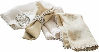 Loberon Serviette 4er Set June, romantischer Spitzensaum, nachhaltig & edel, Zwei Farben im Set, Tischw&auml;sche, K&uuml;chentextilien, Leinen, Baumwolle, wei&szlig;/leinen