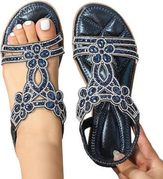 Generic Sandales plates pour femme - Style bohème - Strass - Sandales glamour - Sangle élastique à la cheville - Style bohème - Chaussures plates tendance pou