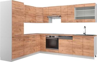 Vicco Eckküche Fame-Line, Küchenzeile in L-Form, Goldkraft Eiche/Weiß, 227 x 287 cm, AP Eiche