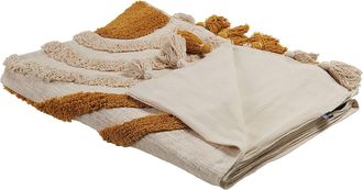 Beliani Kuscheldecke Baumwolle mit Muster beige/orange Quasten 130 x 180 cm Mathura