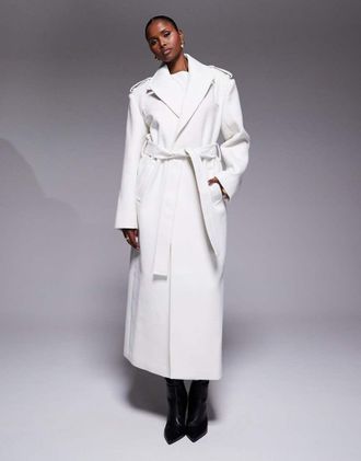 JLUXLABEL Savannah - Eleganter Maximantel in Elfenbein mit G&uuml;rtel-Wei&szlig;