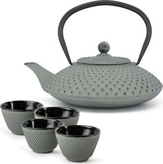 Bredemeijer grüne Teekanne 1.25 Liter Gusseisen - flache Asia Gusskanne Induktion im Set mit 4 Teebecher (Tassen) & Teefilter-Sieb-Einsatz