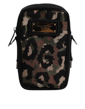 Dolce & Gabbana Mens Multicolor Leopard Jacquard Logo Plaque Neck Strap Bag