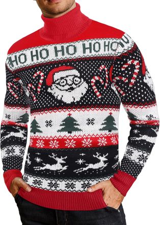 Coofandy Weihnachtpullover Herren Winter Weihnachten Rollkragenpullover Warm Lustige Pullover Rot-weihnachtsmuster XXL