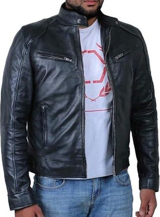 Generic Veste de moto en cuir vieilli style cafe racer pour homme, Noir, L