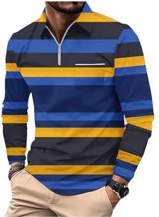 Generic Polo &agrave; manches longues pour homme Patchwork Ray&eacute; Revers T-shirt d&eacute;contract&eacute; Chemises de vacances Tops, bleu, XXL