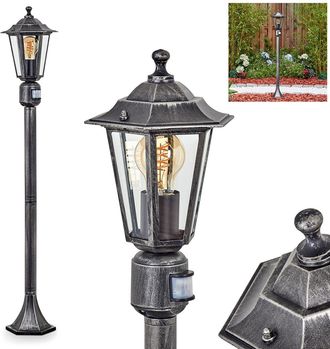 HOFSTEIN Außenwegeleuchte Loria, Wegeleuchte m. Bewegungsmelder aus Metall/Glas in Schwarz-Silber/Klar, Außenleuchte in antikem Look, Höhe 107 cm, Gartenbeleuc