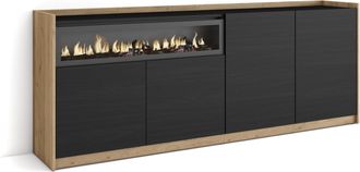 Skraut Home | Sideboard, Highboard | Kommode, Komodenschrank | 207x80x37 cm | 4 Türen | Elektrokamin. | Moderner Stil | Schwarz Eiche