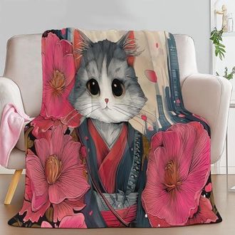 Generic Multicolore Imprim&eacute; Couverture Plaid Flanelle 130 x 150 cm, Hiver Chaude Douce Moelleuse Dessin Anim&eacute; Japonais Chat Fleurs Couverture de Lit Couvre-li