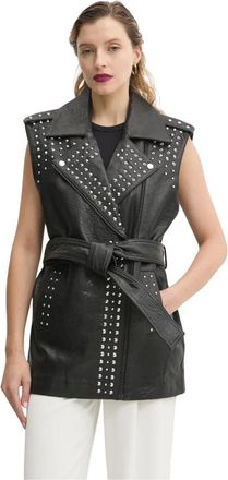 Bruuns Bazaar Femme, Vestes, Noir, Taille: 40 FR Gilet en cuir clout&eacute; &agrave; ceinture